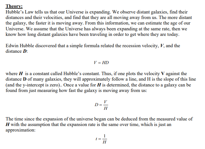 Solved Theory: Hubble’s Law tells us that our Universe is | Chegg.com