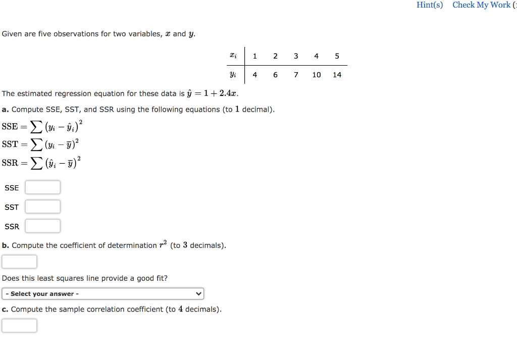 Solved Hint(s) Check My Work Given are five observations for | Chegg.com