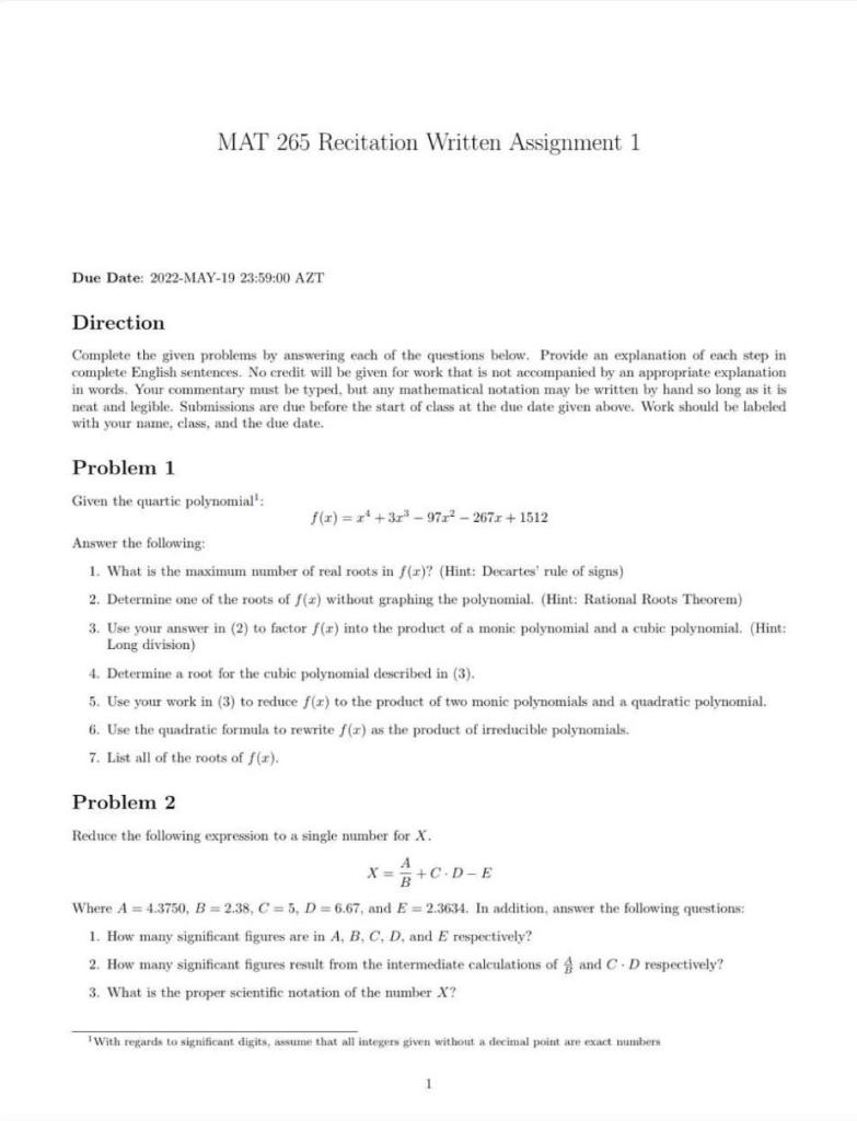 Solved MAT 265 Recitation Written Assignment 1 Due Date: | Chegg.com