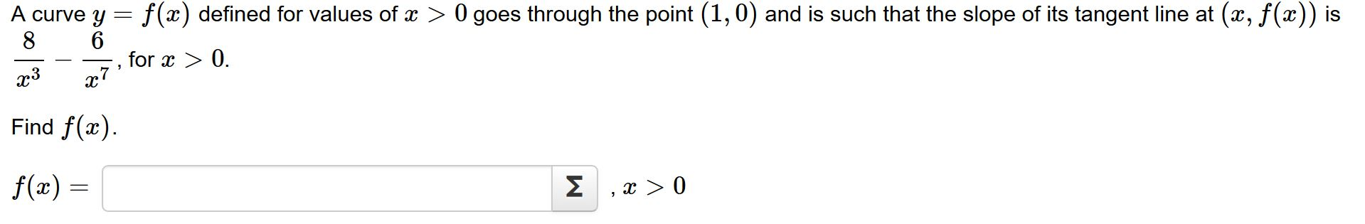 Solved A curve y = f(a) defined for values of x > 0 goes | Chegg.com