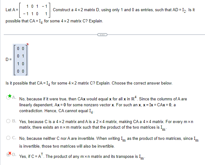 Solved Let A=[1−10110−11]. Construct a 4×2 matrix D, using | Chegg.com