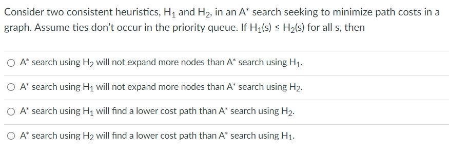 Solved Consider two consistent heuristics, H₁ and H₂, in an | Chegg.com