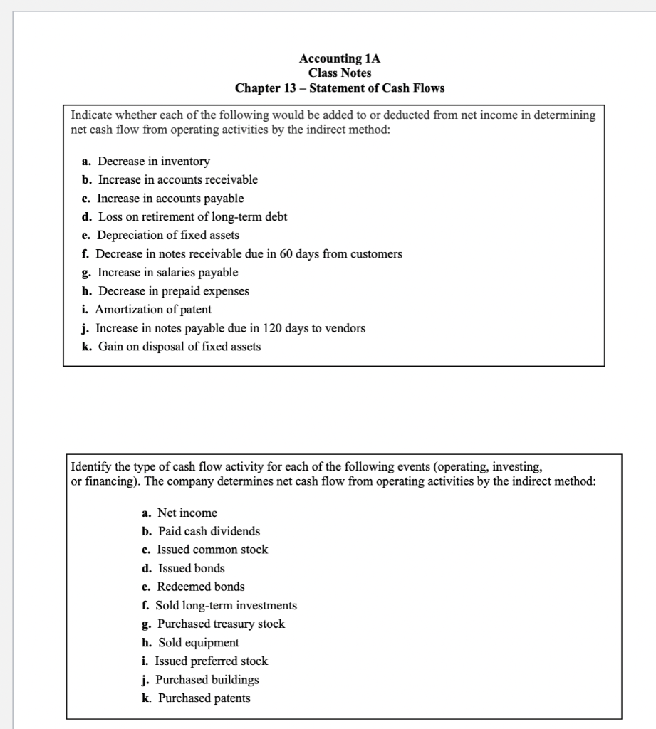 Solved Accounting 1A Class Notes Chapter 13 - Statement of | Chegg.com