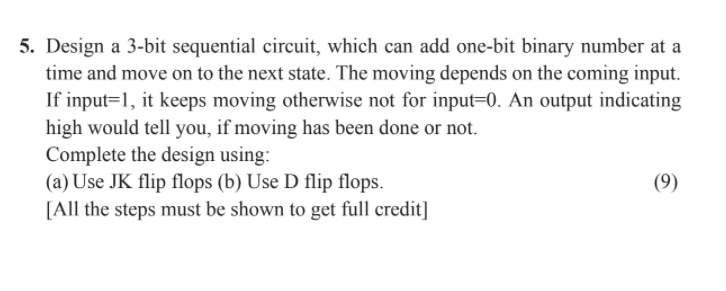 Solved 5. Design a 3-bit sequential circuit, which can add | Chegg.com