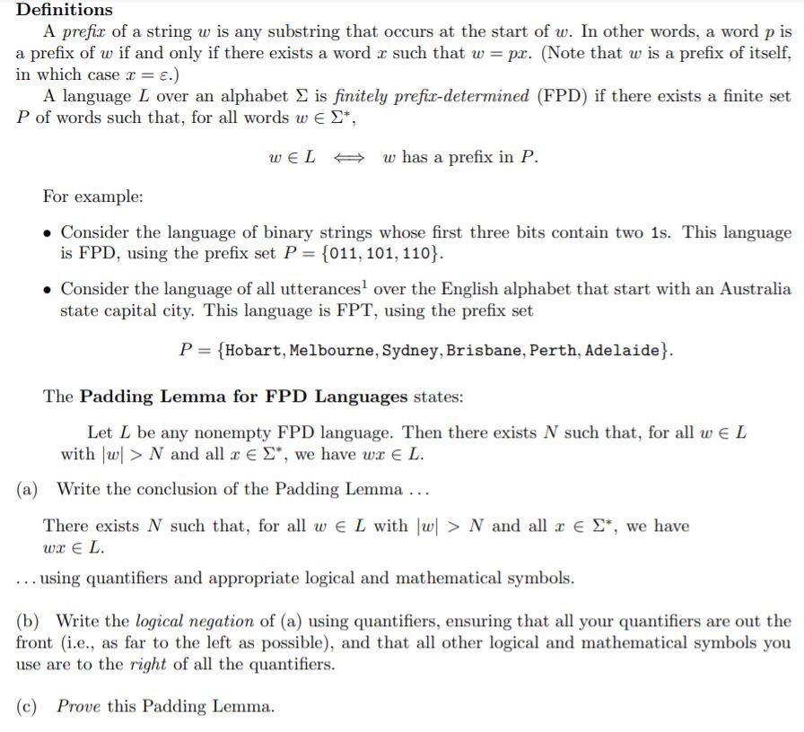 Solved Definitions A Prefix Of A String W Is Any Substring