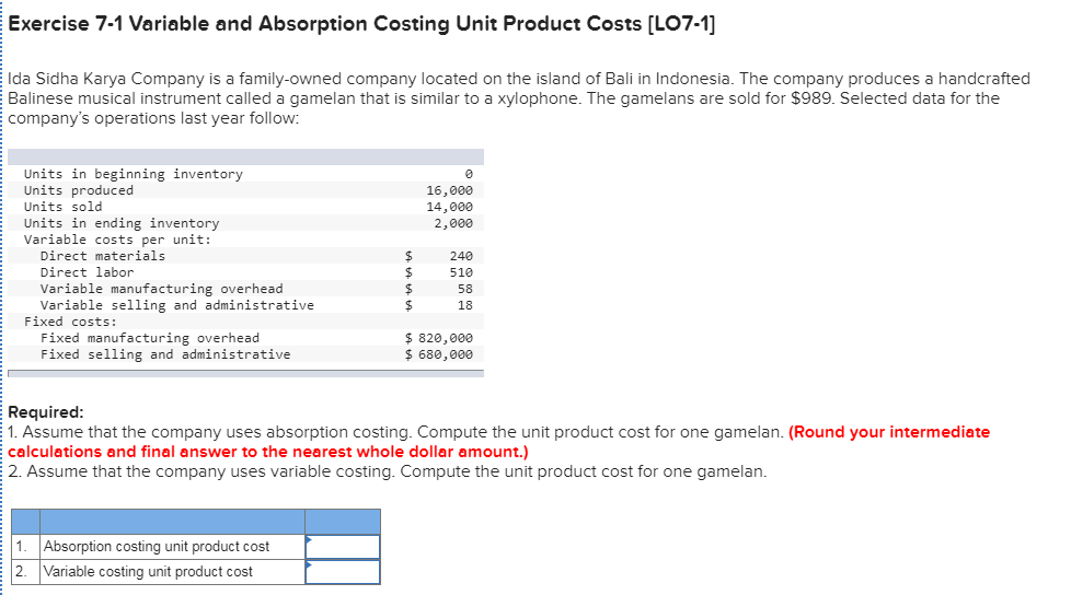 Solved Exercise 7-1 Variable and Absorption Costing Unit | Chegg.com