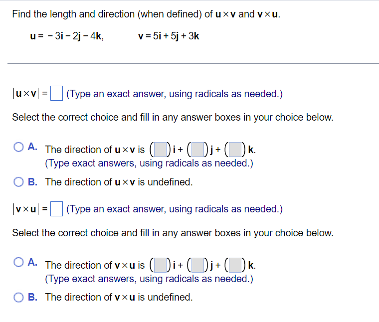 Solved Find the length and direction (when defined) of u×v | Chegg.com