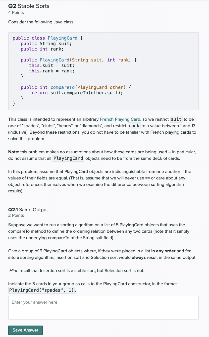 Solved Q2 Stable Sorts 4 Points Consider the following Java | Chegg.com