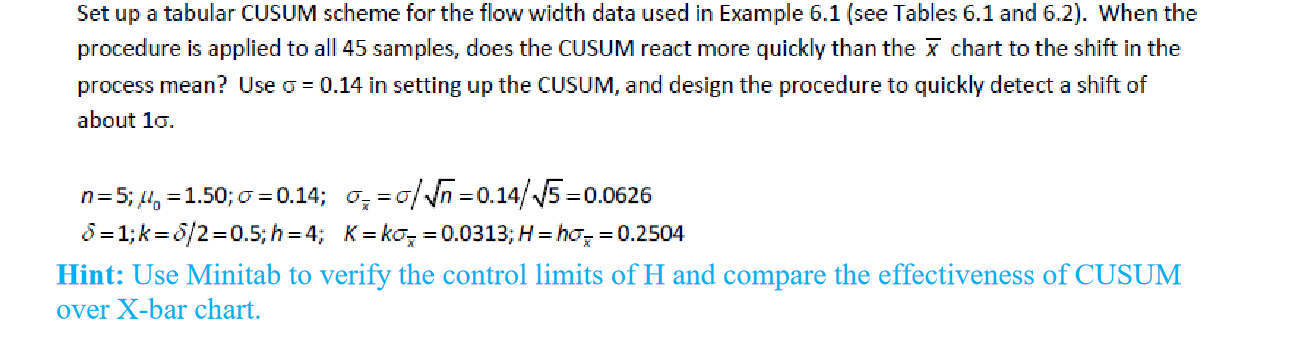 Solved Set up a tabular CUSUM scheme for the flow width data | Chegg.com