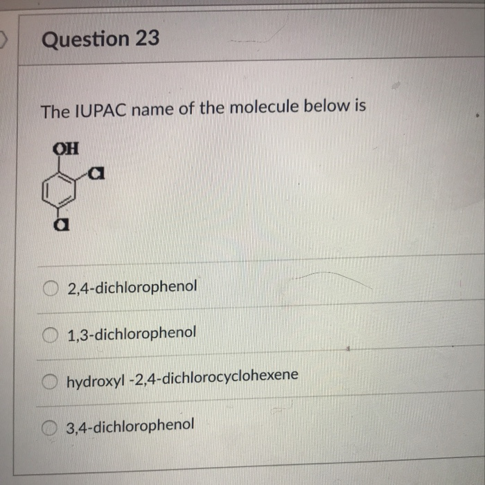 Solved Question 23 The IUPAC name of the molecule below is | Chegg.com