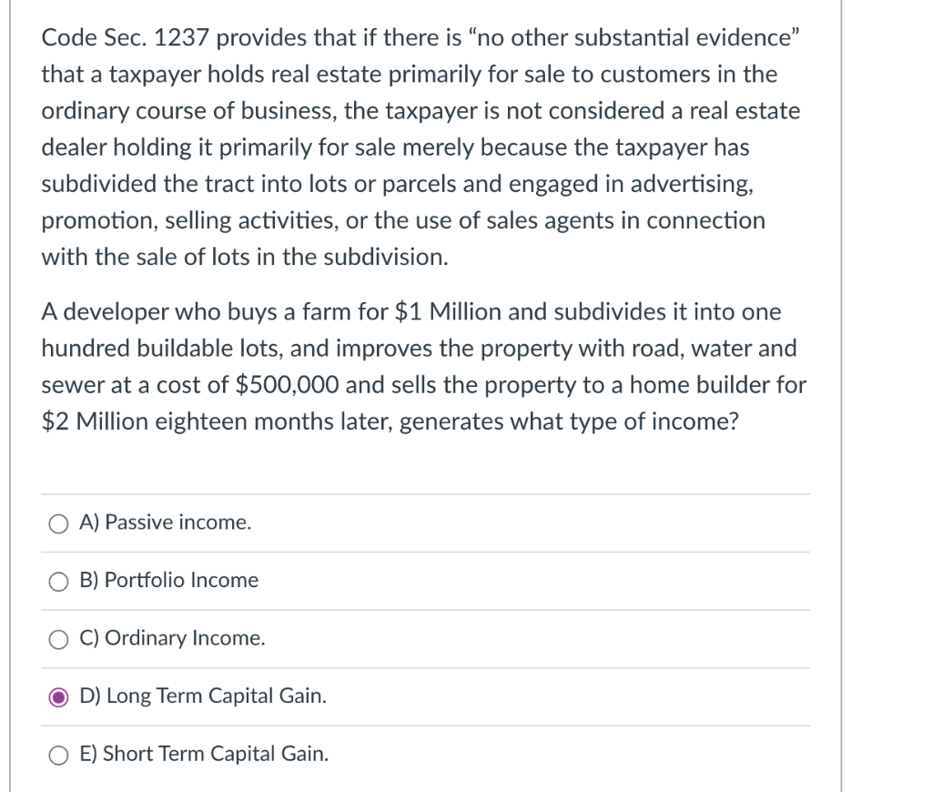 Solved Code Sec. 1237 provides that if there is “no other | Chegg.com