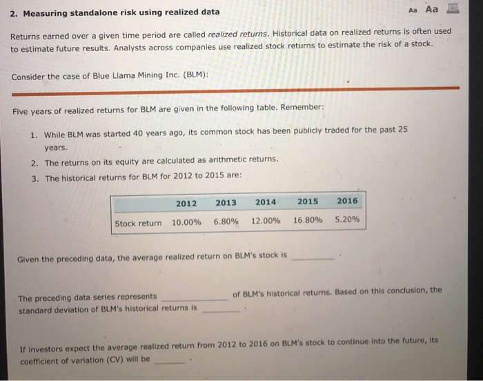 Solved 2. Measuring standalone risk using realized data Aa | Chegg.com