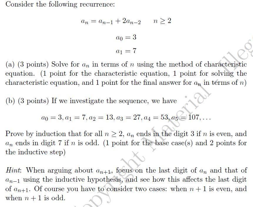Consider the following recurrence: an = an-1 + 2an-2 | Chegg.com