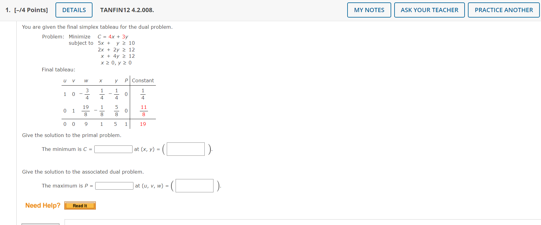 Solved You are given the final simplex tableau for the dual | Chegg.com