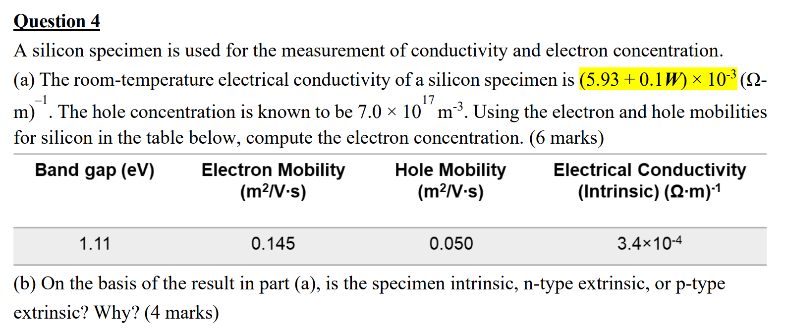 Solved Question 4 A silicon specimen is used for the | Chegg.com