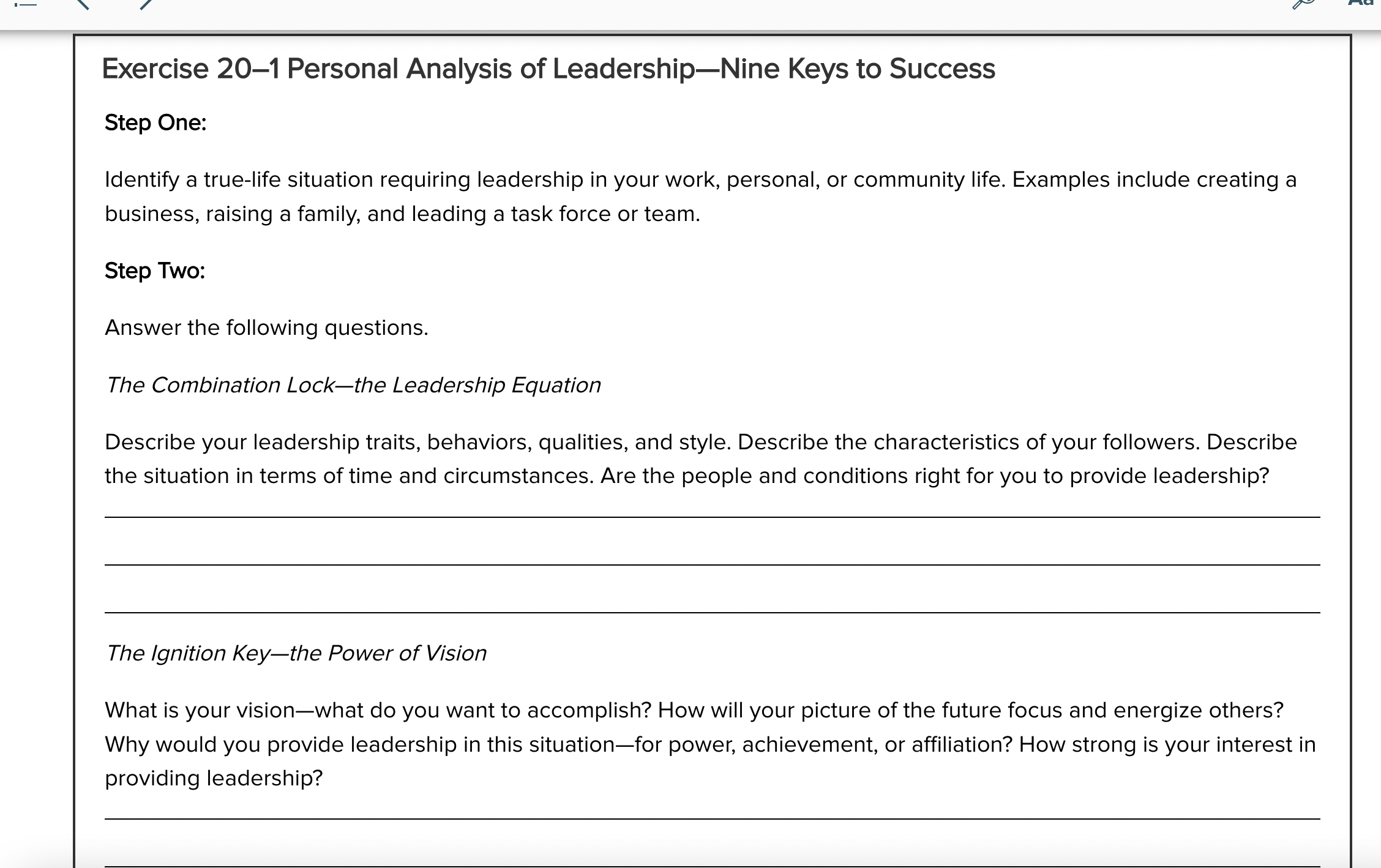 Exercise 20-1 Personal Analysis of Leadership-Nine | Chegg.com