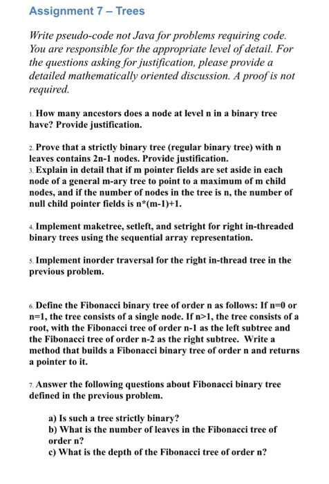 Solved Assignment 7 Trees Write Pseudo code Not Java For Chegg