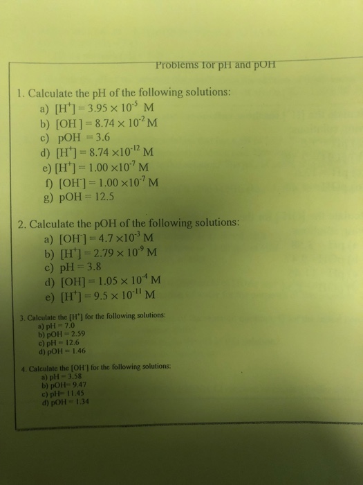 Solved Problems Tor pH and poi 1. Calculate the pH of the | Chegg.com
