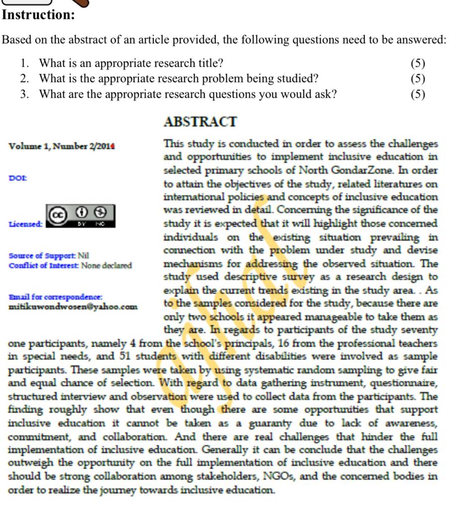 Based on the abstract of an article provided, the | Chegg.com