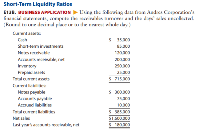 Solved Short-Term Liquidity Ratios E13B. BUSINESS | Chegg.com