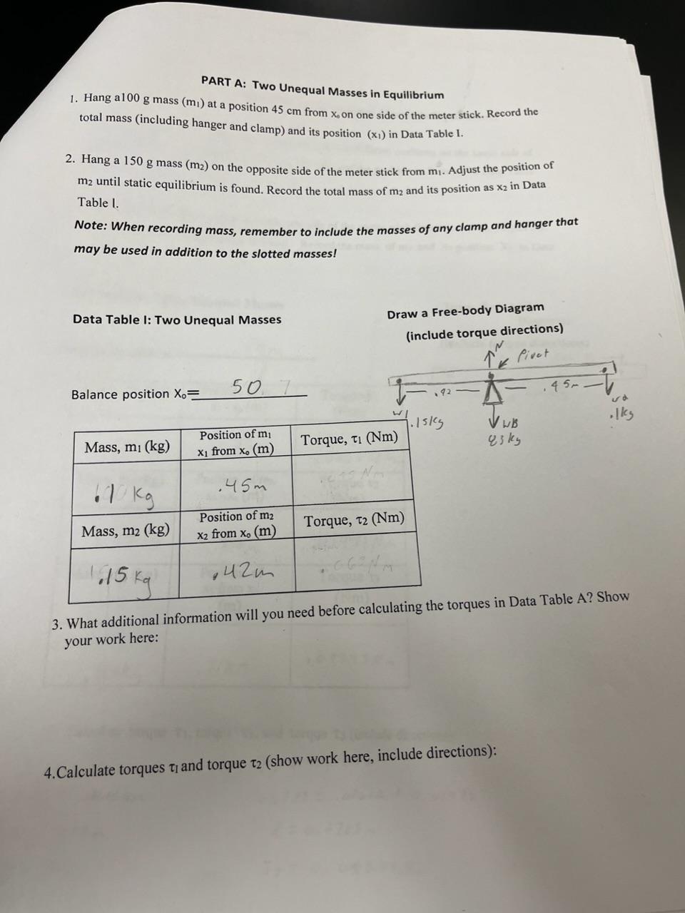 Solved PART A: Two Unequal Masses in Equilibrium 1. Hang a | Chegg.com