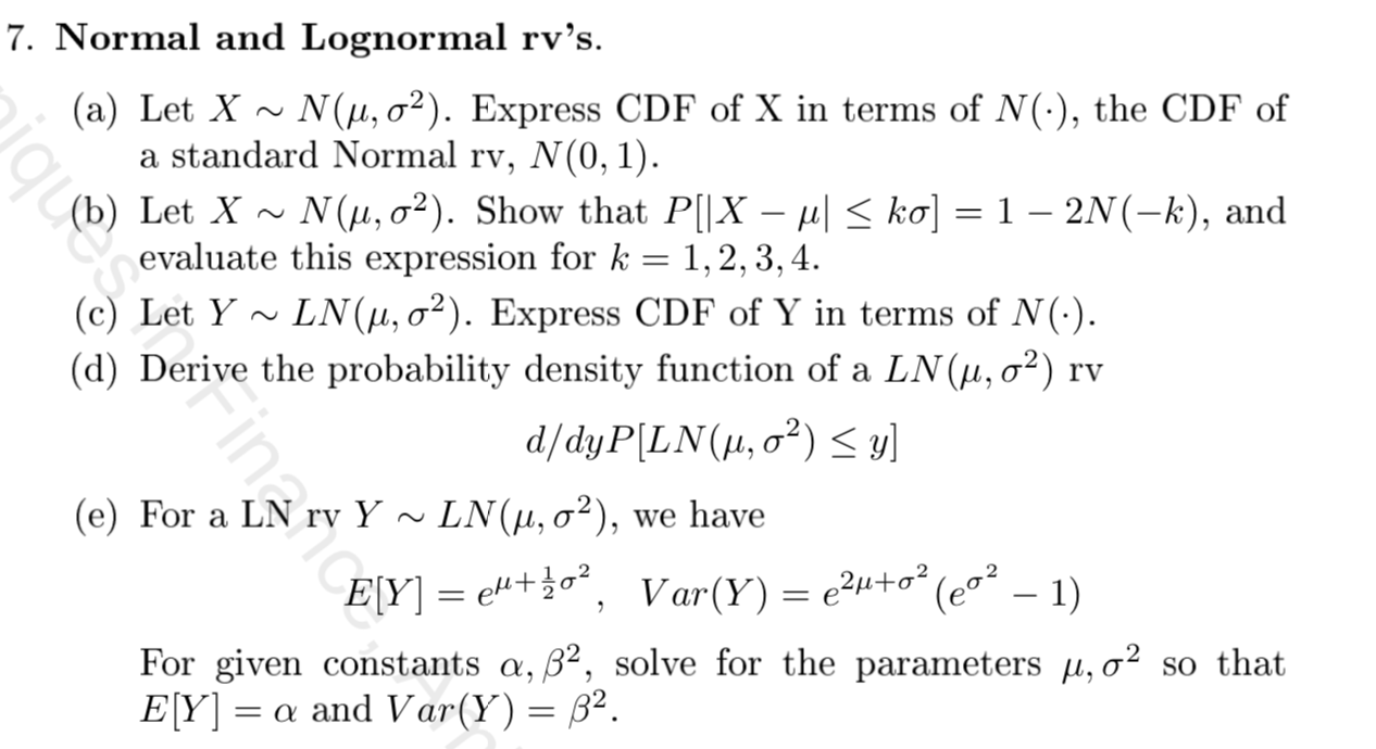 Solved 7. Normal and Lognormal rv's. (a) Let X ~ N(u, 02). | Chegg.com