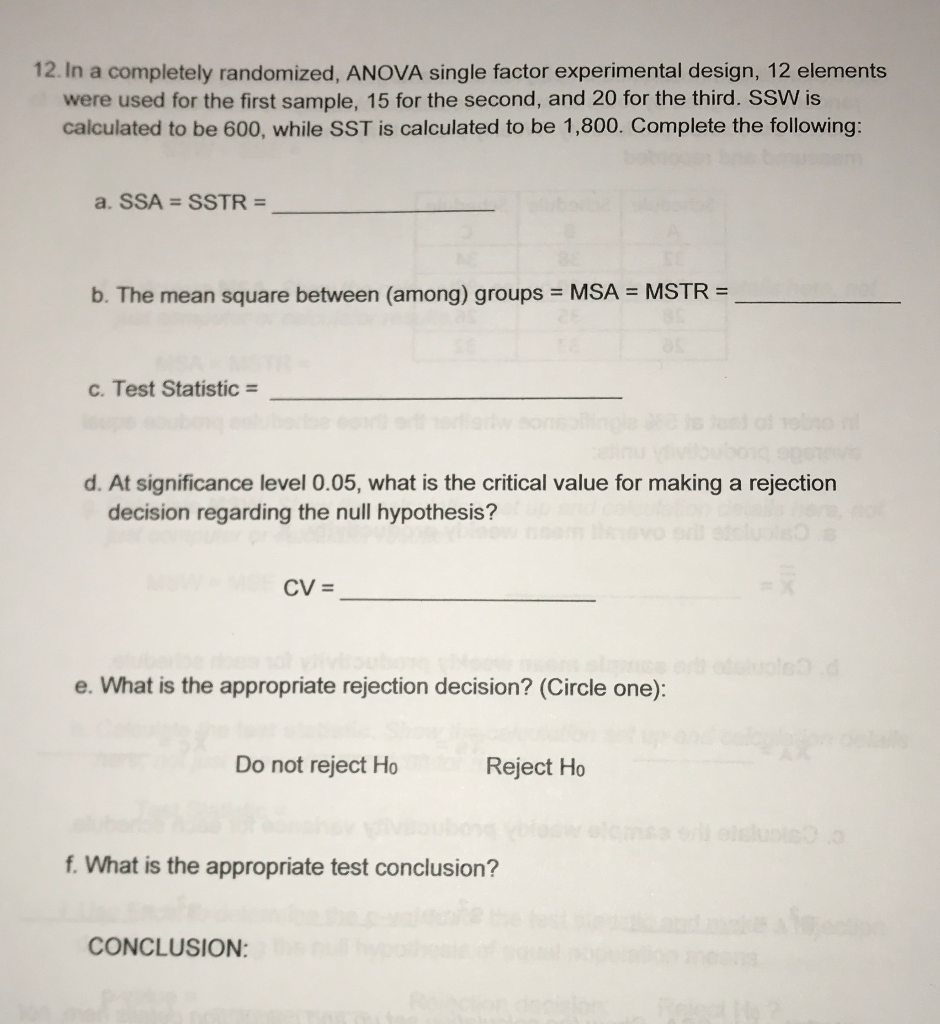 Solved 12. In a completely randomized, ANOVA single factor | Chegg.com