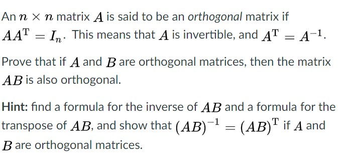 Solved An n x n matrix A is said to be an orthogonal matrix | Chegg.com