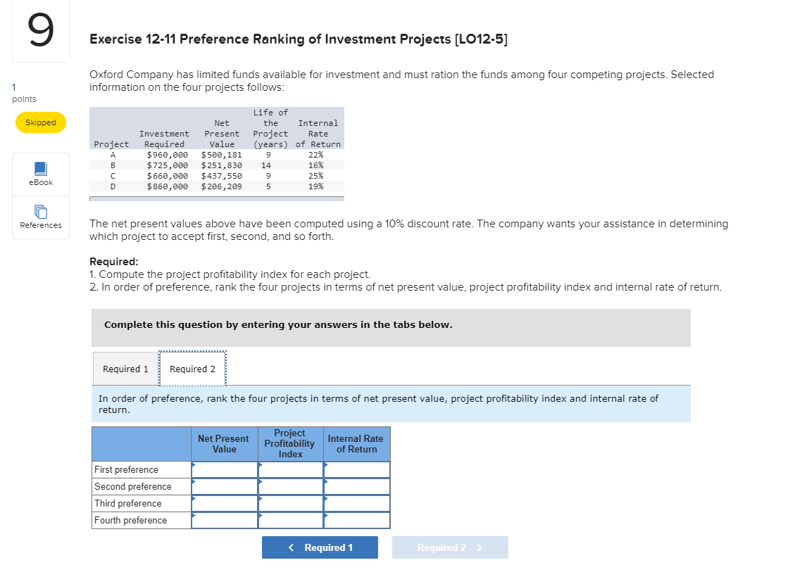 Solved Exercise 12-11 Preference Ranking of Investment | Chegg.com