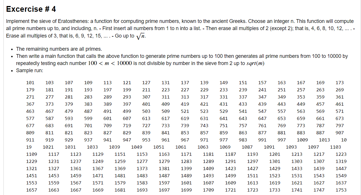 Solved Excercise #4 Implement the sieve of Eratosthenes: a | Chegg.com