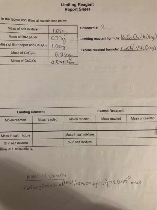 Limiting Reagent Report Sheet in the tables and show | Chegg.com