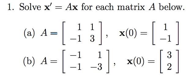 Solved 1. Solve x' = Ax for each matrix A below. (a) A A= [- | Chegg.com