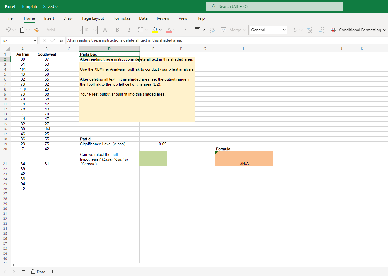 Solved Excel template - Saved ∨ Search (Alt + Q) D2 fx After | Chegg.com