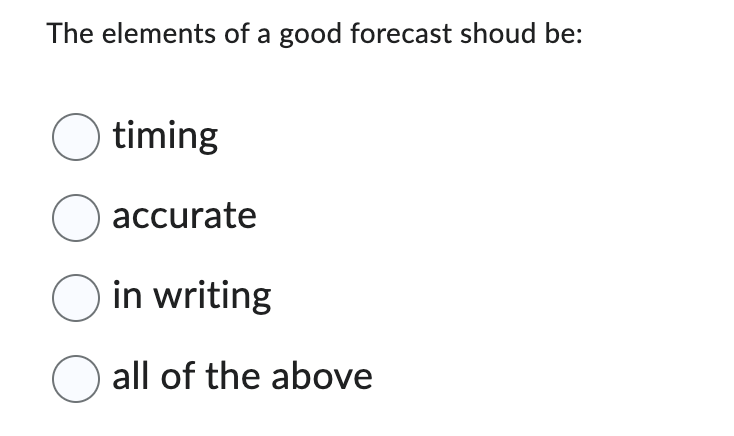 Solved The elements of a good forecast shoud be: timing | Chegg.com
