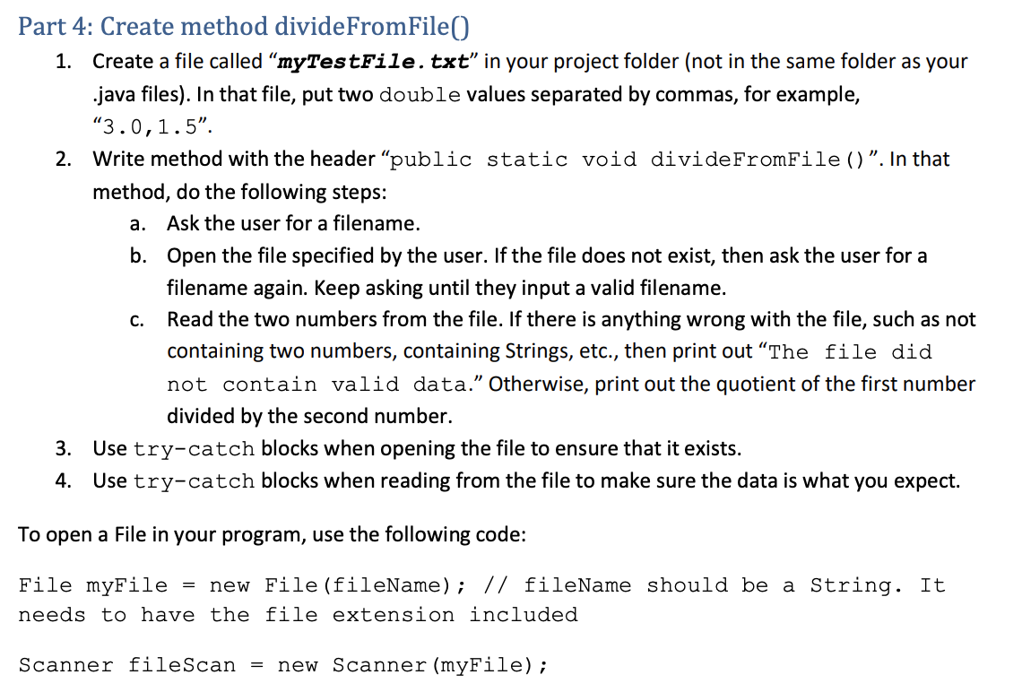 Solved Part 4: Create method divideFromFile() 1. Create a | Chegg.com