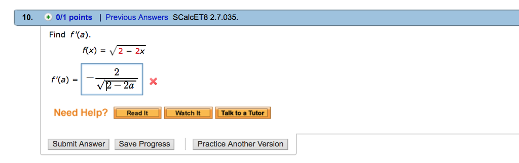 Solved 10. 0/1 points | Previous Answers SCalcET8 2.7.035 | Chegg.com