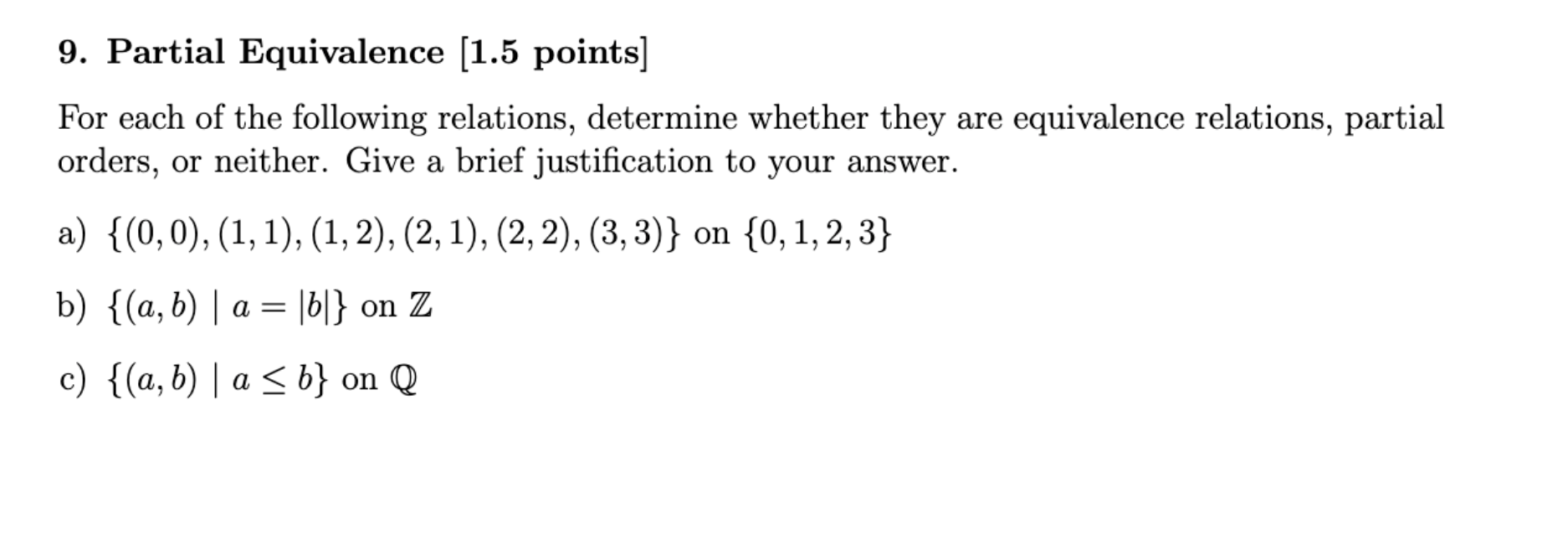 Solved 9. Partial Equivalence (1.5 points] For each of the | Chegg.com