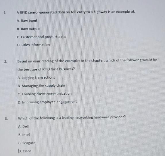 Solved 1 A RFID sensor-generated data on toll entry to a | Chegg.com