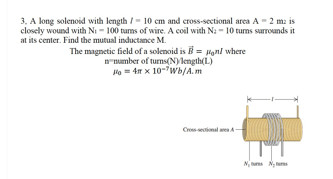 Solved 3, A long solenoid with length 1 = 10 cm and | Chegg.com