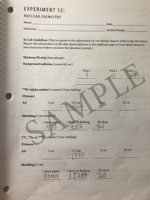 EXPERIMENT 12: NUCLEAR CHEMISTRY Name: Instructor: | Chegg.com