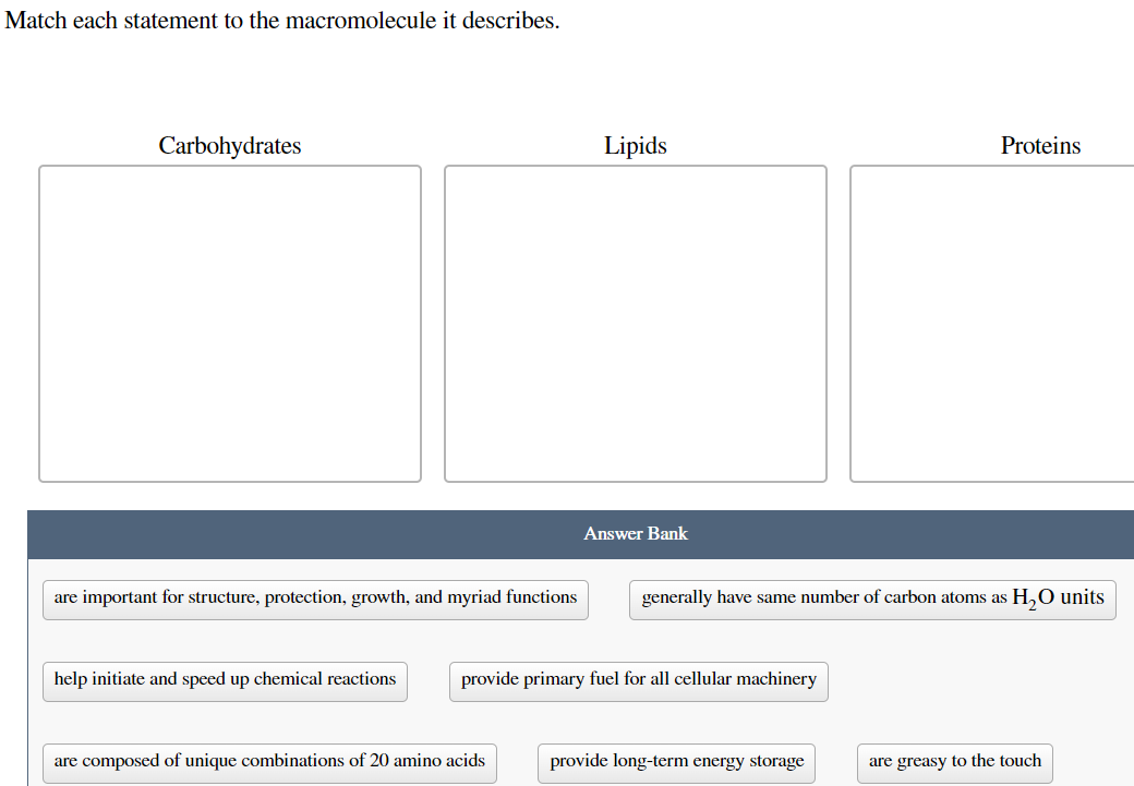 Solved Match each statement to the macromolecule it | Chegg.com