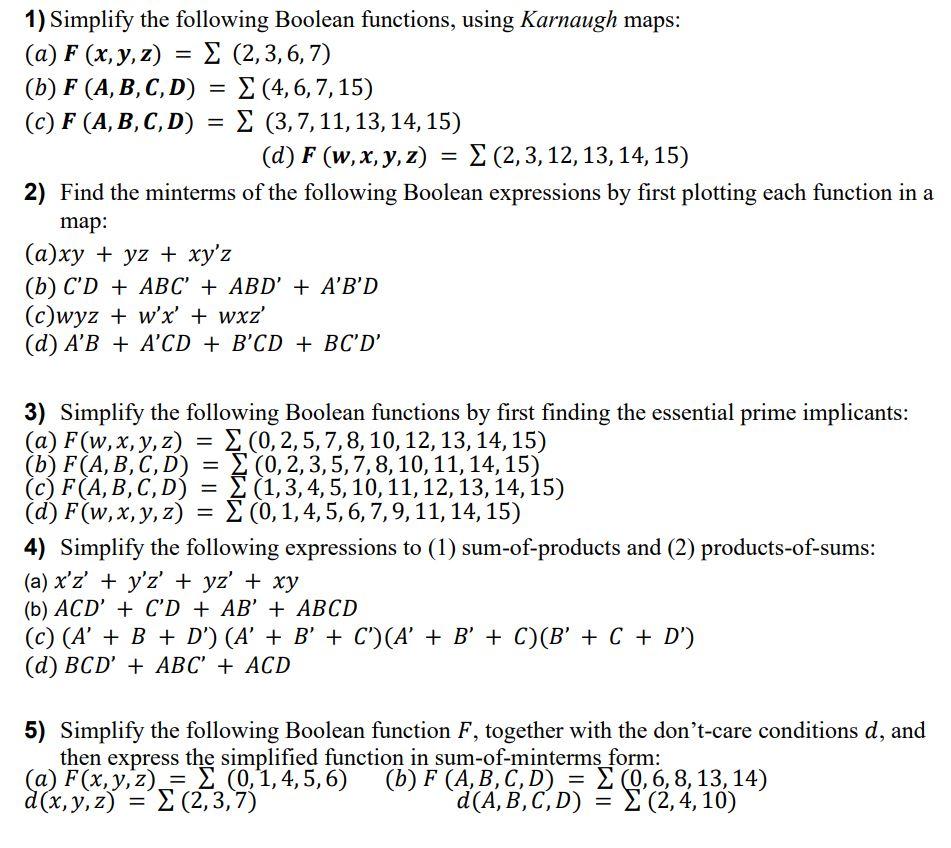 Solved 1 Simplify The Following Boolean Functions Using 8344