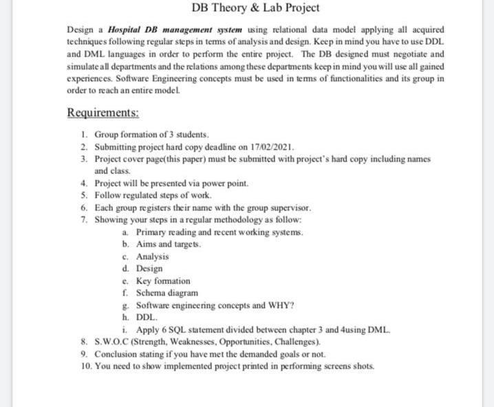 DB Theory & Lab Project Design a Hospital DB | Chegg.com