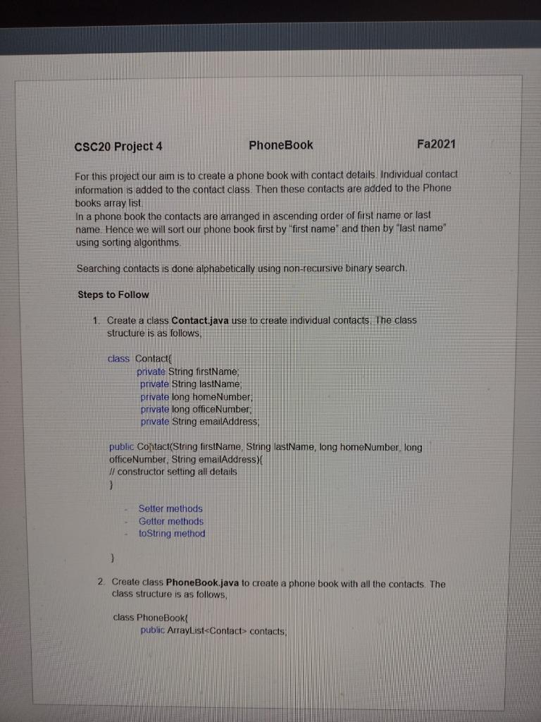 Solved CSC20 Project 4 PhoneBook Fa2021 For this project our | Chegg.com