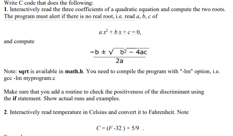 Solved Write C Code That Does The Following 1