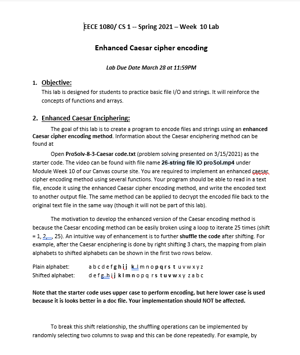 Solved EECE 1080/ CS 1 -- Spring 2021 – Week 10 Lab Enhanced | Chegg.com