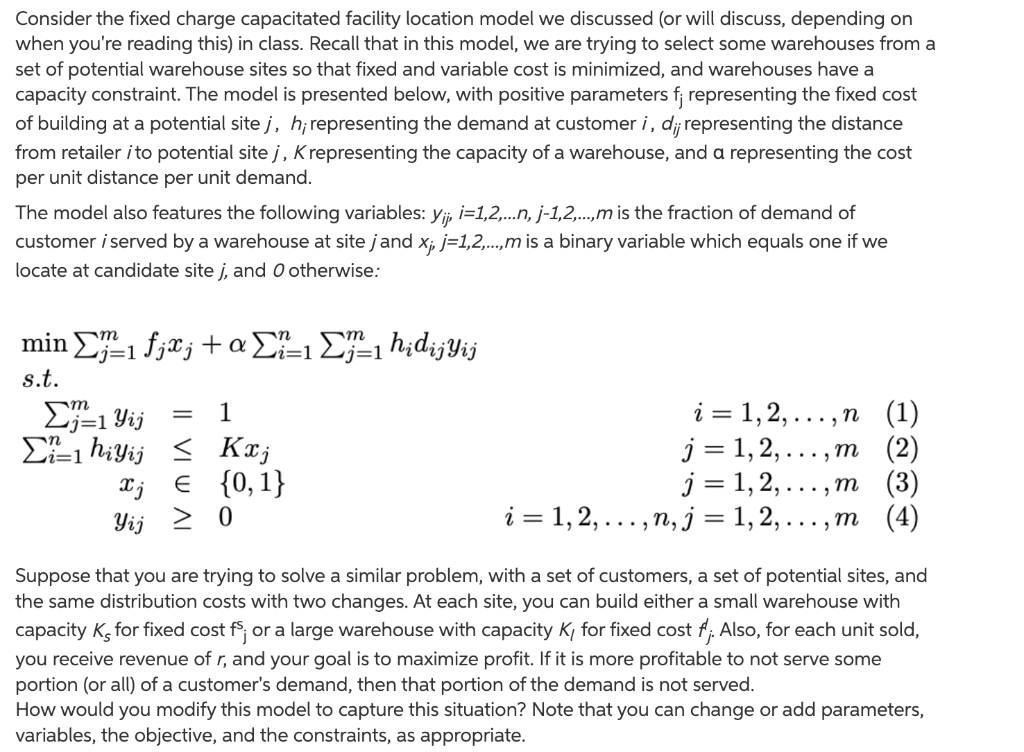 Solved Consider the fixed charge capacitated facility | Chegg.com