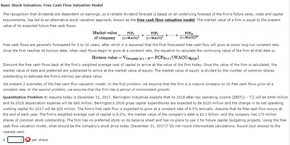 Basic Stock Valuation: Free Cash Flow Valuation Model | Chegg.com