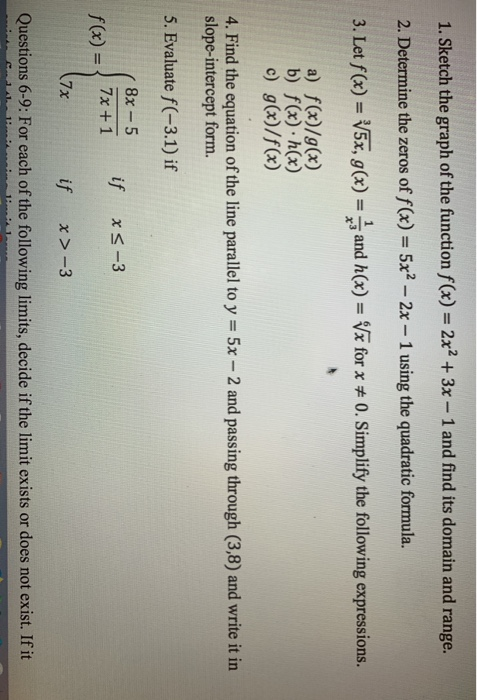 Solved 1. Sketch the graph of the function f(x) 2x2+3x 1 and | Chegg.com