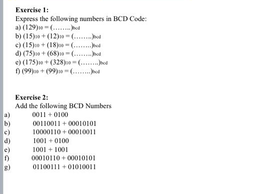 Solved Exercise 1:Express the following numbers in BCD | Chegg.com